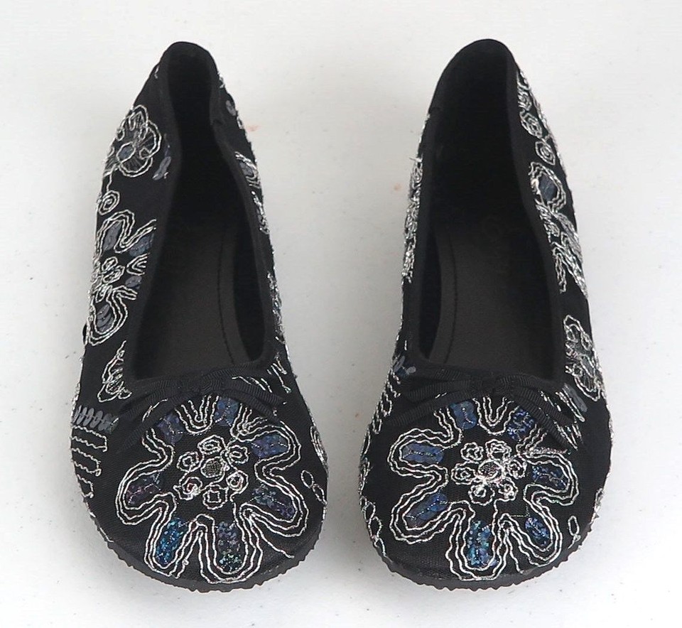 Women's Floral Sequin Satin Flats Shoes w/ Rubber Sole Gold Black 6-10 ...