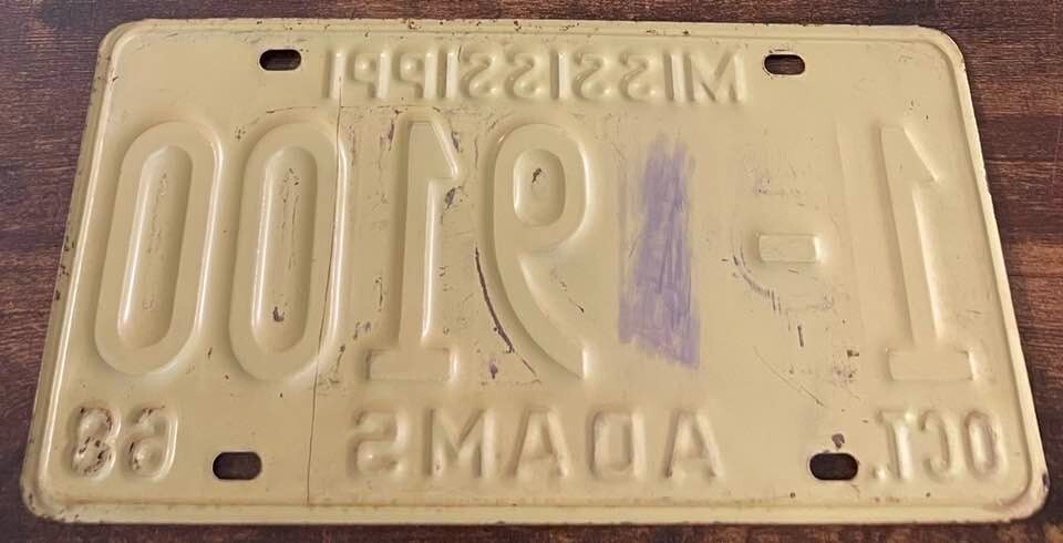 Vintage 1968 Mississippi License Plate 1 - 9100 Adams County Natchez ...
