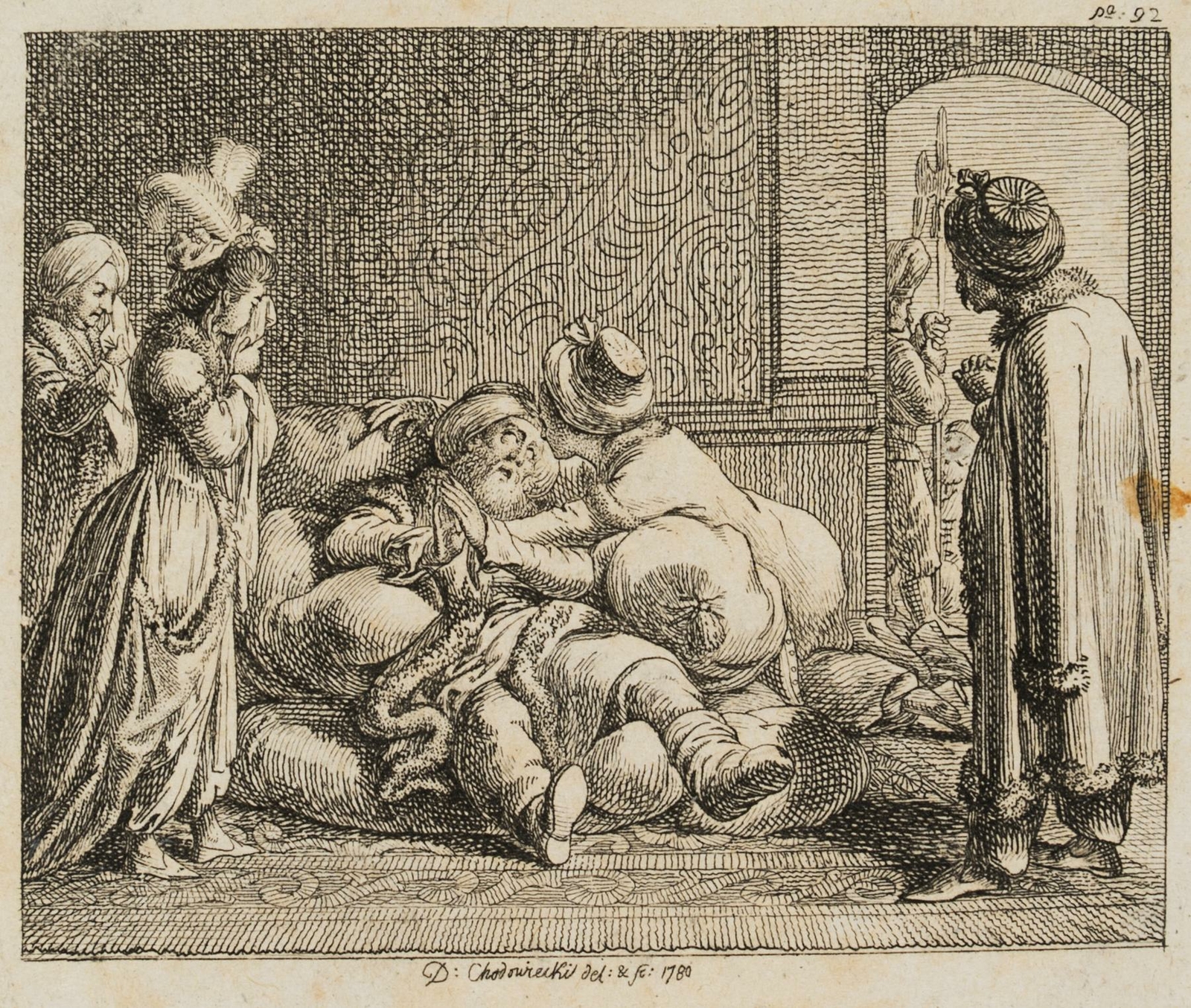 D. CHODOWIECKI (*1726), Der kranke Nushirvan, 1780, Radierung Figürlich ...