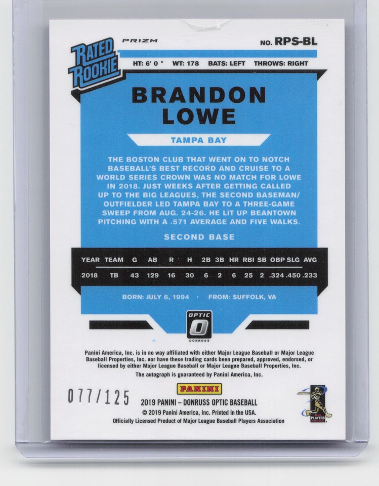 2019 Donruss Optic #RPS-BL Brandon Lowe RPS Purple RC Auto #/125 | eBay