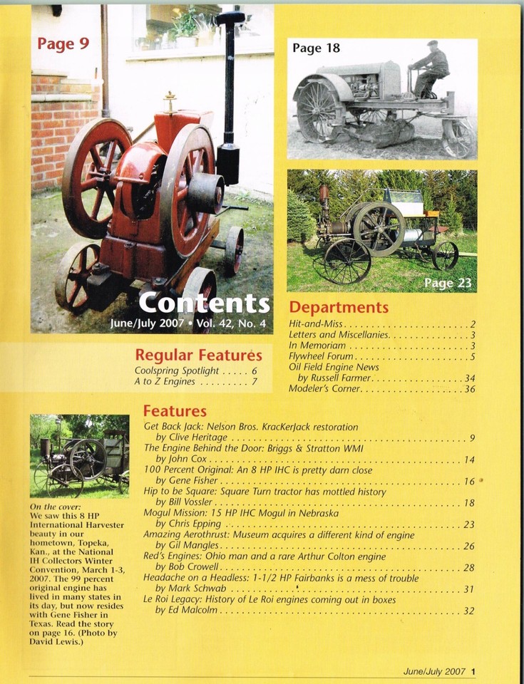GAS ENGINE magazine June 2007, 8hp IH, 15hp IHC Mogul, Briggs ...