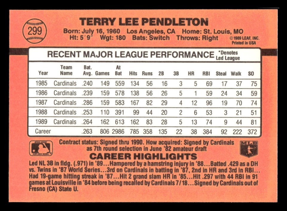 1990 Donruss Terry Pendleton #299 St. Louis Cardinals Baseball Card | eBay
