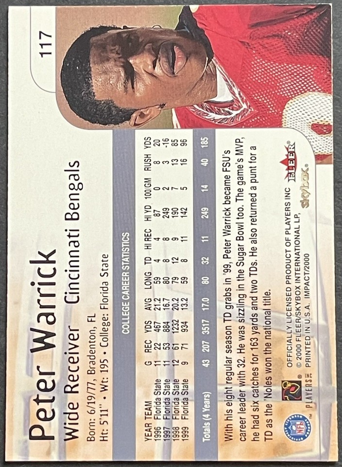 2000 Fleer Impact Peter Warrick Rookie RC #117 Florida State Seminoles ...