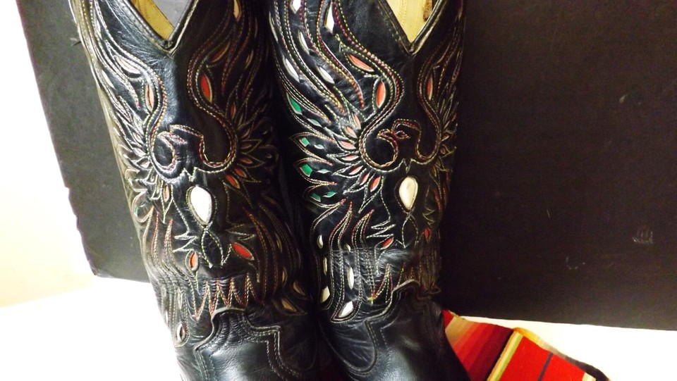ACME Vintage Western Cowboy BOOTS Thunderbird Cutout Inlay Leather Mens ...