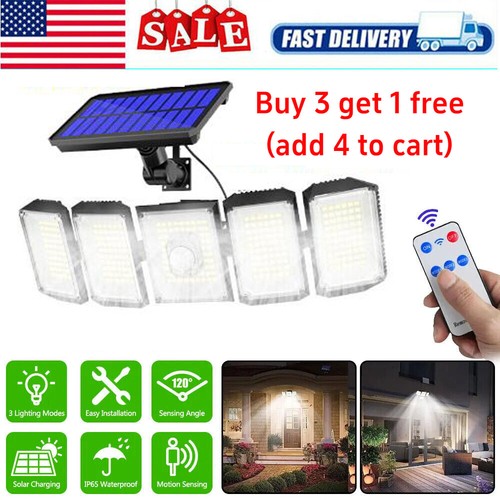 300 LED Solar Lights Outdoor 5000LM Motion Sensor Security 5 Head ...