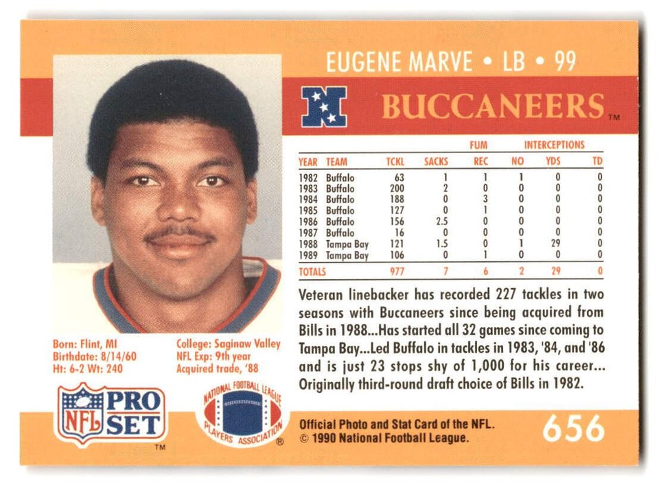 Eugene Marve 1990 Pro Set #656 Tampa Bay Buccaneers FOOTBALL | eBay