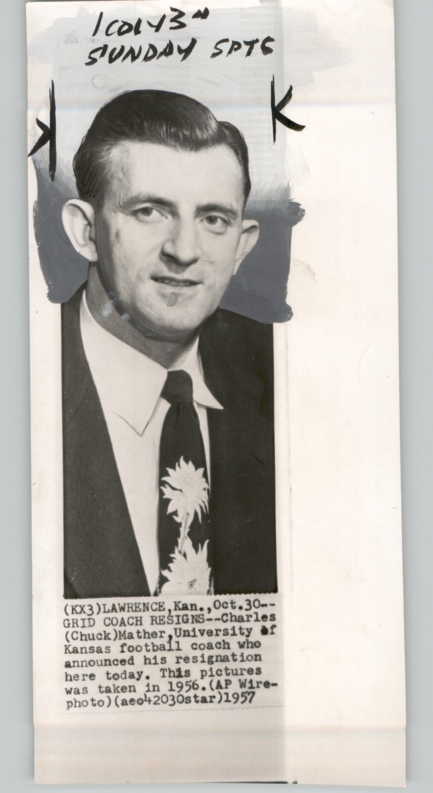 KANSAS College FOOTBALL Coach CHARLES MATHER Vintage 1957 Press Photo ...