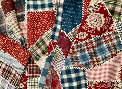 Antique VTG Crazy Quilt Cutter Piece~Prim Fabrics Reds/Blues Embroidery ...