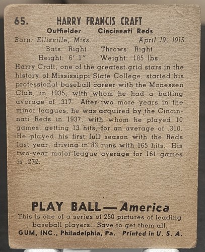 1939 Play Ball Harry Craft (Full Name in All Caps) #65 | eBay