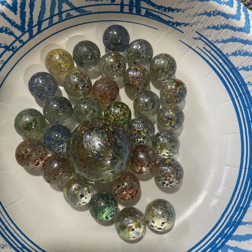 Lot Of 30 Vintage Confetti Glass Marbles With Shooter Transparent Multi ...