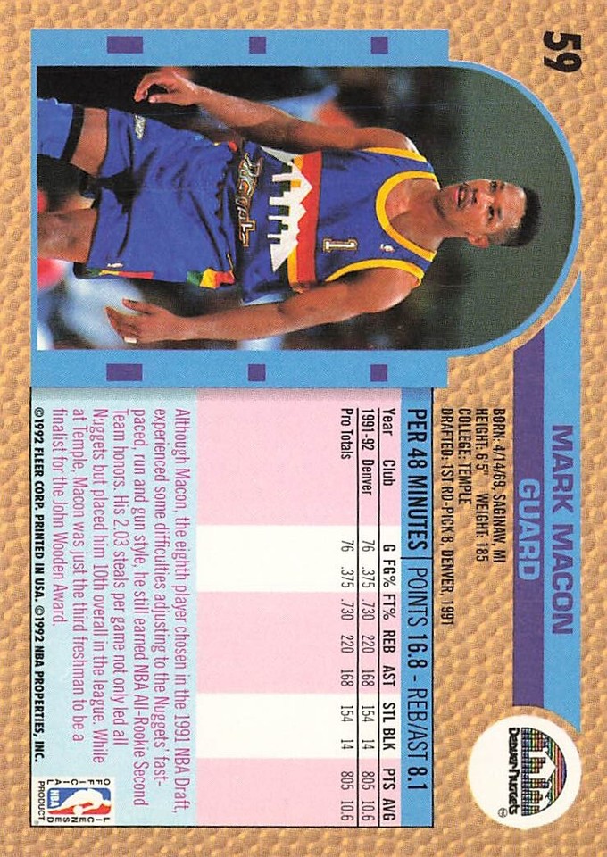 1992 Fleer #59 Mark Macon Denver Nuggets | eBay