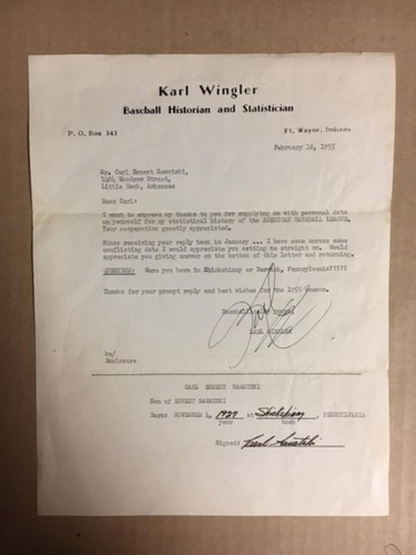 Karl Wingler Baseball Historian Signed 1955 Document w/Carl Sawatski ...