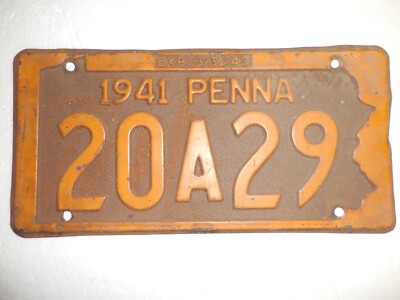 1) 1941 Penna. PA."VINTAGE" License Plate # 20A29 Survivor ships FREE ...