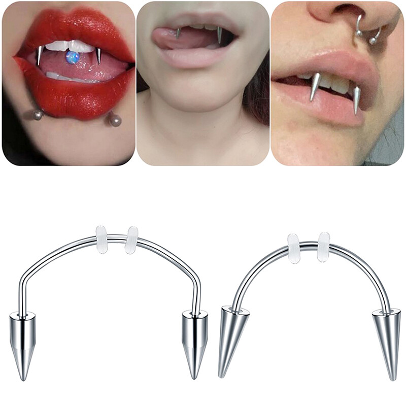 1PC Titanium Steel C Rod Vampire Fangs Tooth Lips Piercing Punk Spiked ...