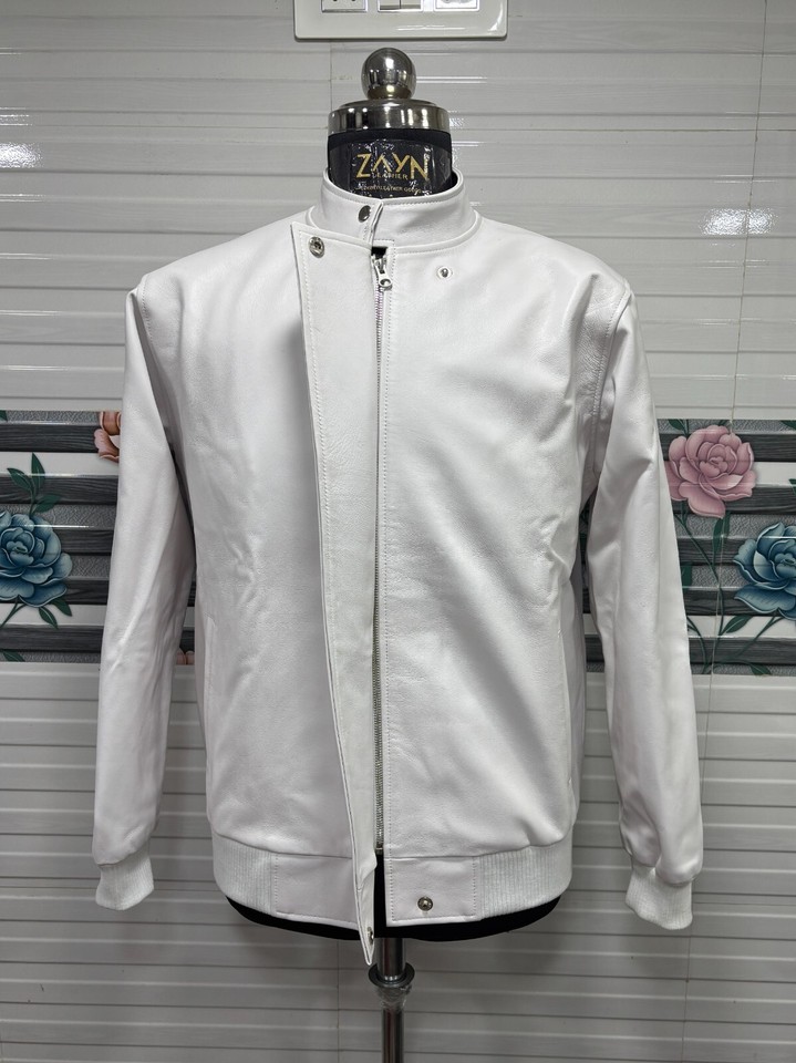 Men's Pure White Leather Bomber Jacket Real Lambskin Leather Classic ...