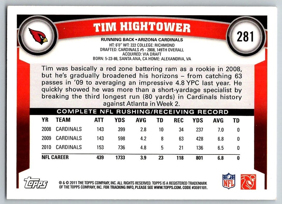 2011 TOPPS TIM HIGHTOWER ARIZONA CARDINALS #281 | eBay