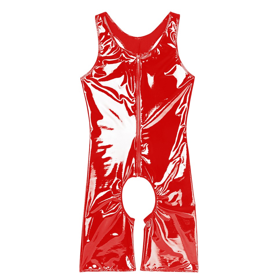 Mens One Piece Patent Leather Bodysuit Crotchless Leotard Wrestling ...