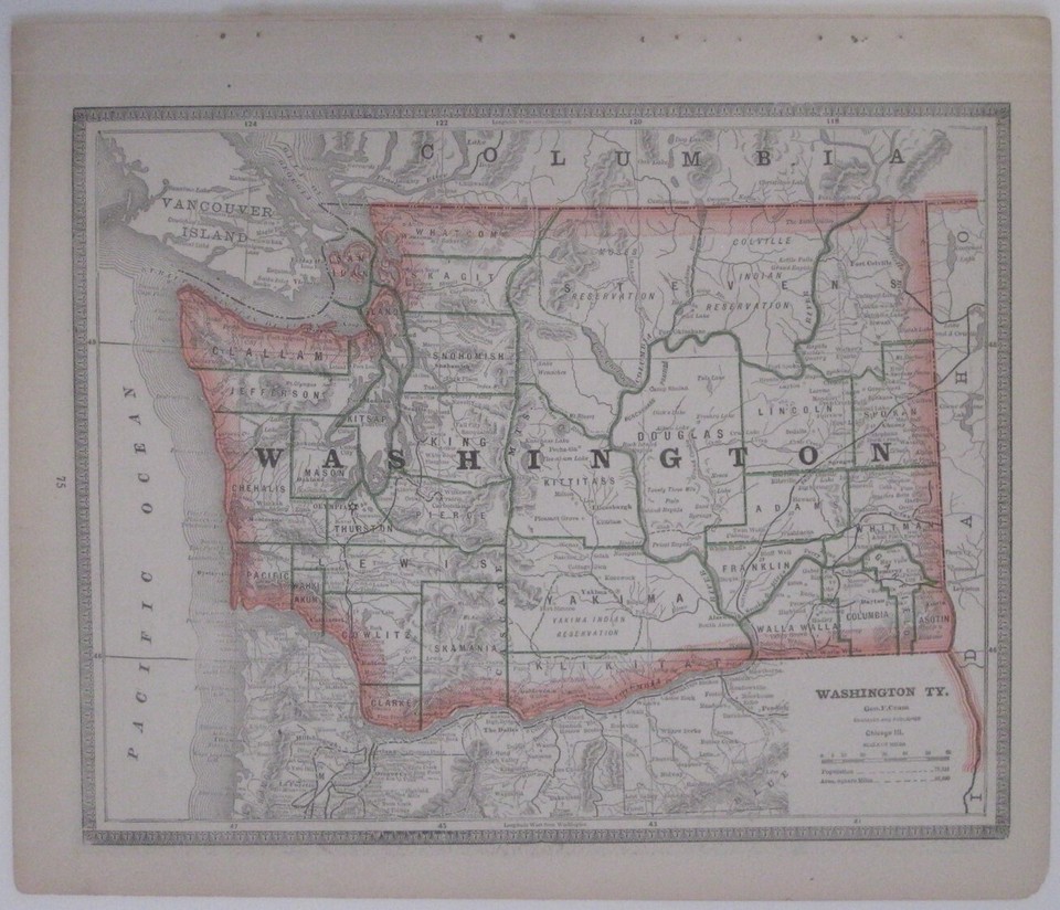 Original 1884 Map WASHINGTON TERRITORY Moses Reservation Olympia ...