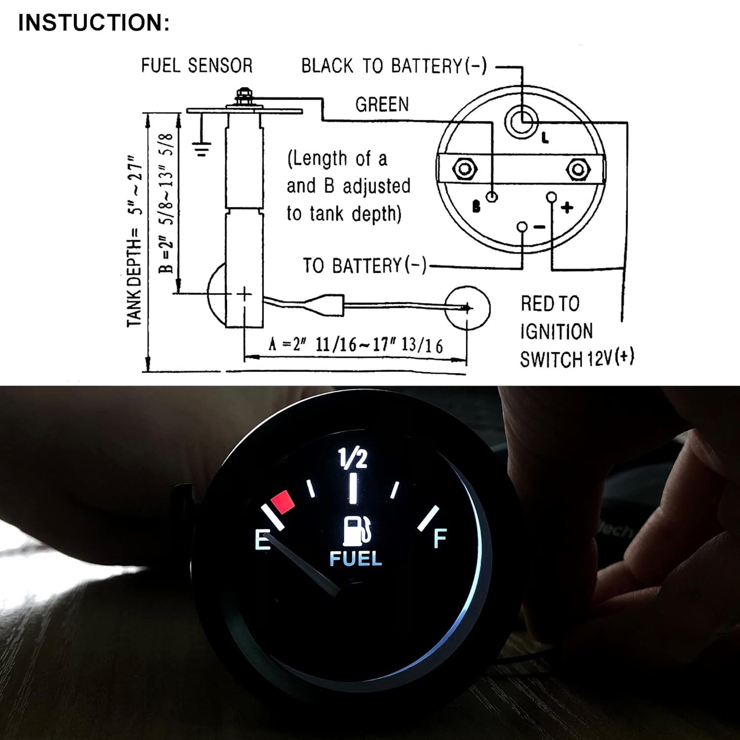 2" 52mm Universal Fuel Level Gauge LED E-1/2-F with Fuel Level Sending Unit H4W2 | eBay