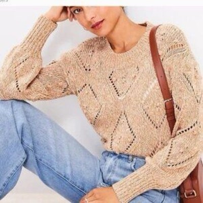 LOFT XL Knit Sweater Crew Neck Diamond Pattern Cream Tan Light Brown | eBay