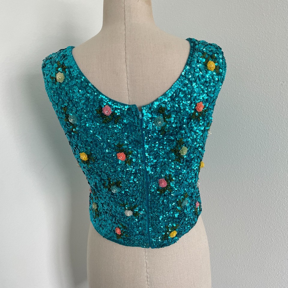 Vintage 60s Sequin Top Tank Womens S Blue Floral Beads Cocktail Party ...