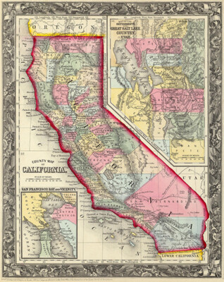 County Map Of California - 1860 - Map Poster | eBay