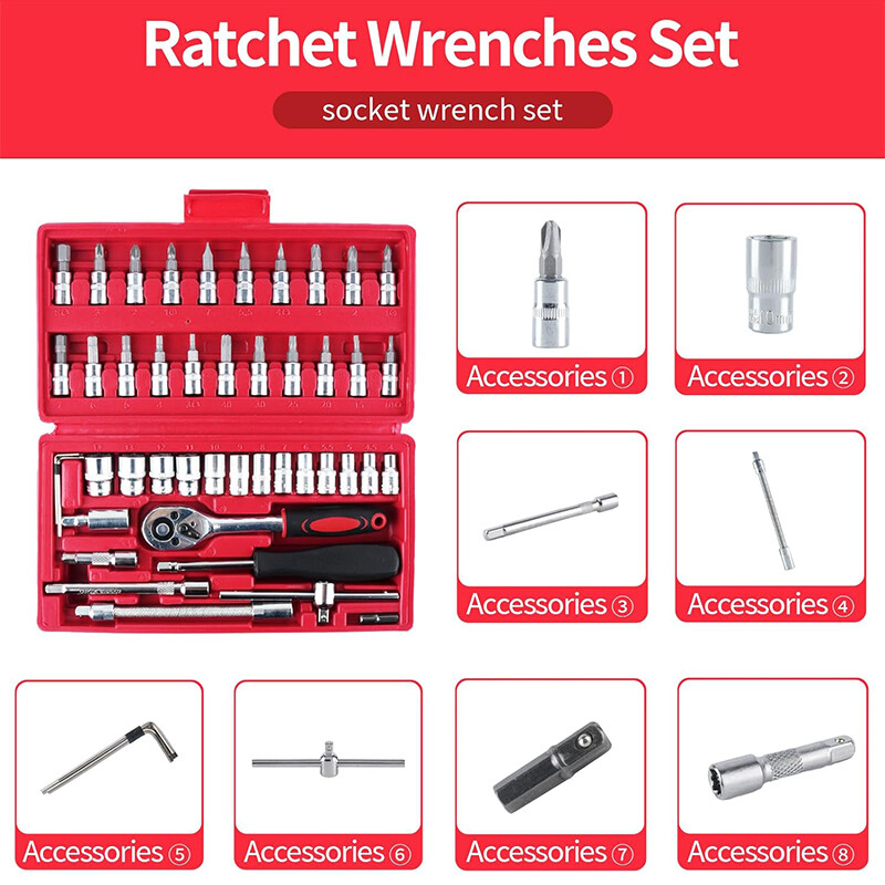 12/46Pcs Socket Wrench Set 1/4" Drive Ratchet Metric Kit Garage Car ...
