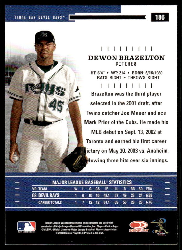 2004 Donruss Throwback Threads 186 Dewon Brazelton Tampa Bay Devil Rays ...