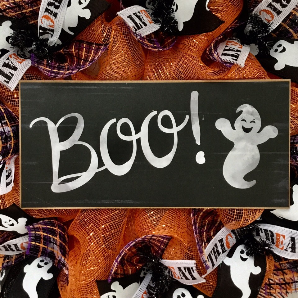 Halloween Boo Wreath With Adorable Ghosts Handmade Deco Mesh | eBay