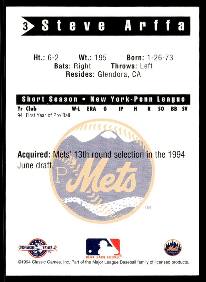 1994 Classic Best Pittsfield Mets Steve Arffa Pittsfield Mets #3 | eBay