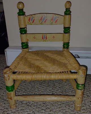 Antique Folk Art Painted Wood Child Chair Yellow Red Tole Thatch Seat ...