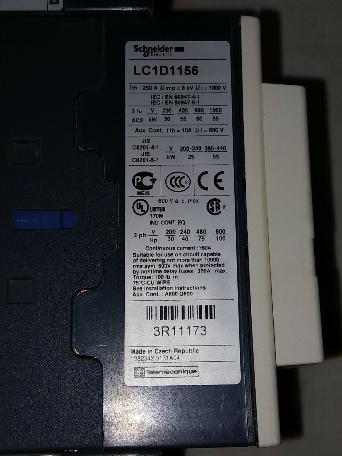 Schneider Electric LC1D1156F7 3 Pole Contactor - 115 A, 110 V ac Coil ...