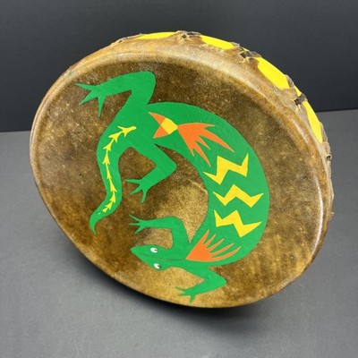 Native American Indian Drum Hand Painted Lizard Animal Hide Wood Yellow ...