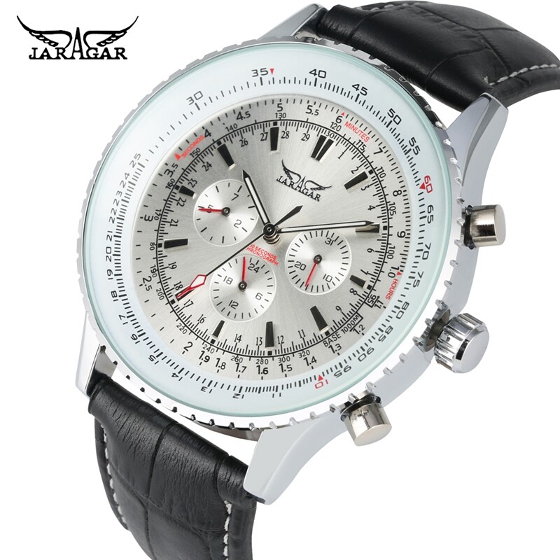 JARAGAR 6 Hands Automatic Mechanical Watch for Men Leather Strap ...