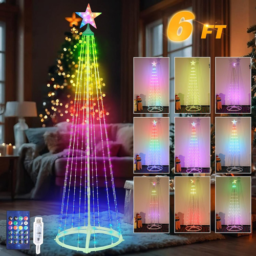 6 FT Artificial Christmas Tree, 370 LED Christmas Cone Tree Light Color ...