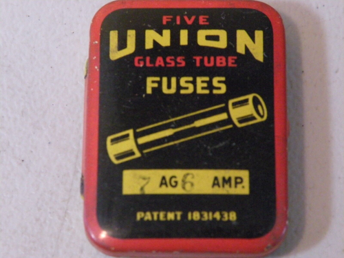 Vintage UNION GLASS FUSE TIN / CAN 7AG 6 Amp case can sign tin can 5 ...