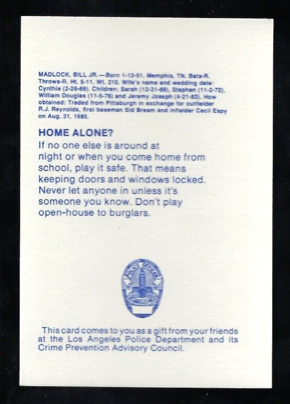 1986 L. A. Police Dept. card #12 - BILL MATLOCK - Los Angeles Dodgers ...