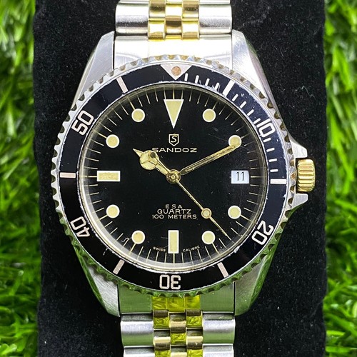 Rare Sandoz Diver Quartz 18957 Black Dial Day Date Two Tone Vintage ...