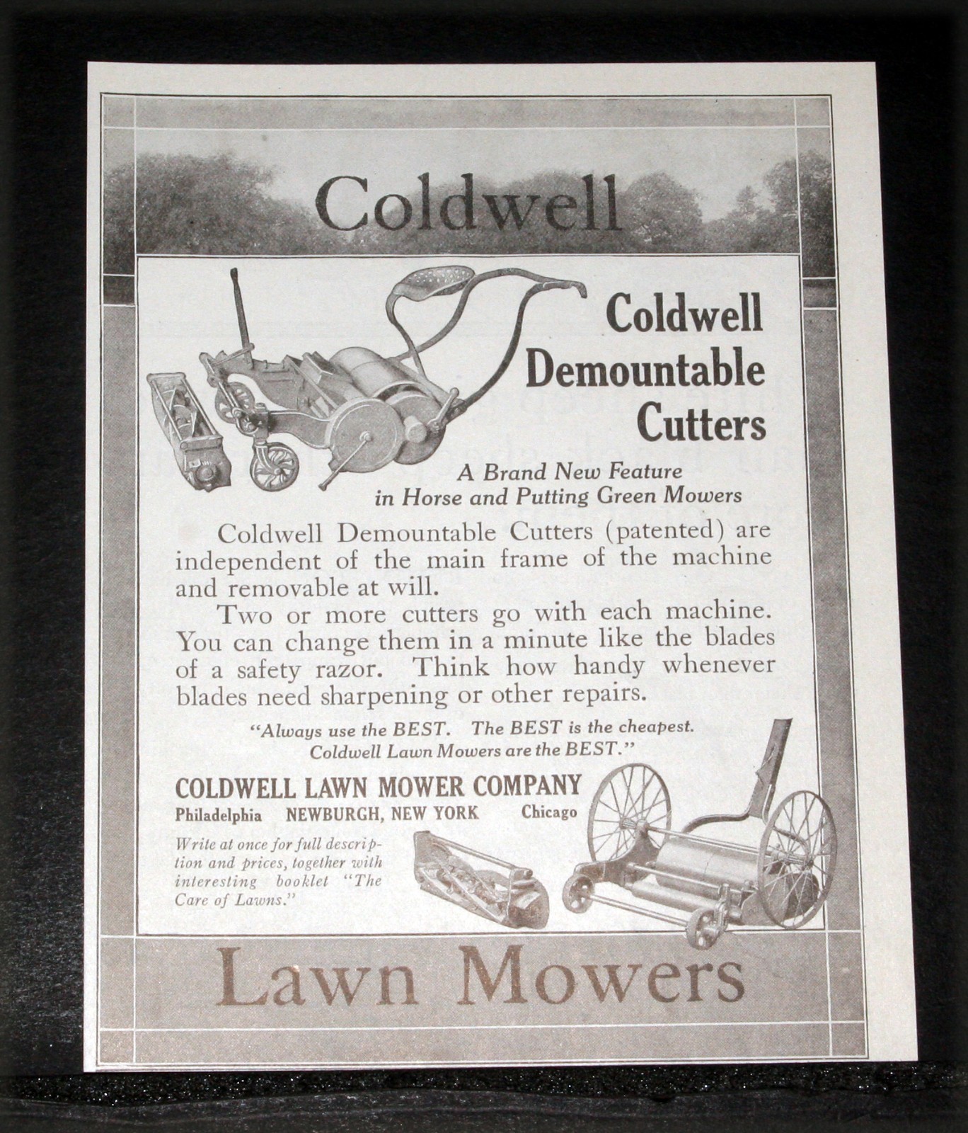 1913 OLD MAGAZINE PRINT AD, COLDWELL LAWN MOWERS, WITH DEMOUNTABLE ...