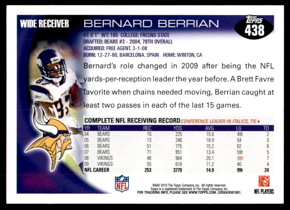 2010 Topps Bernard Berrian Minnesota Vikings #438 1081 | eBay