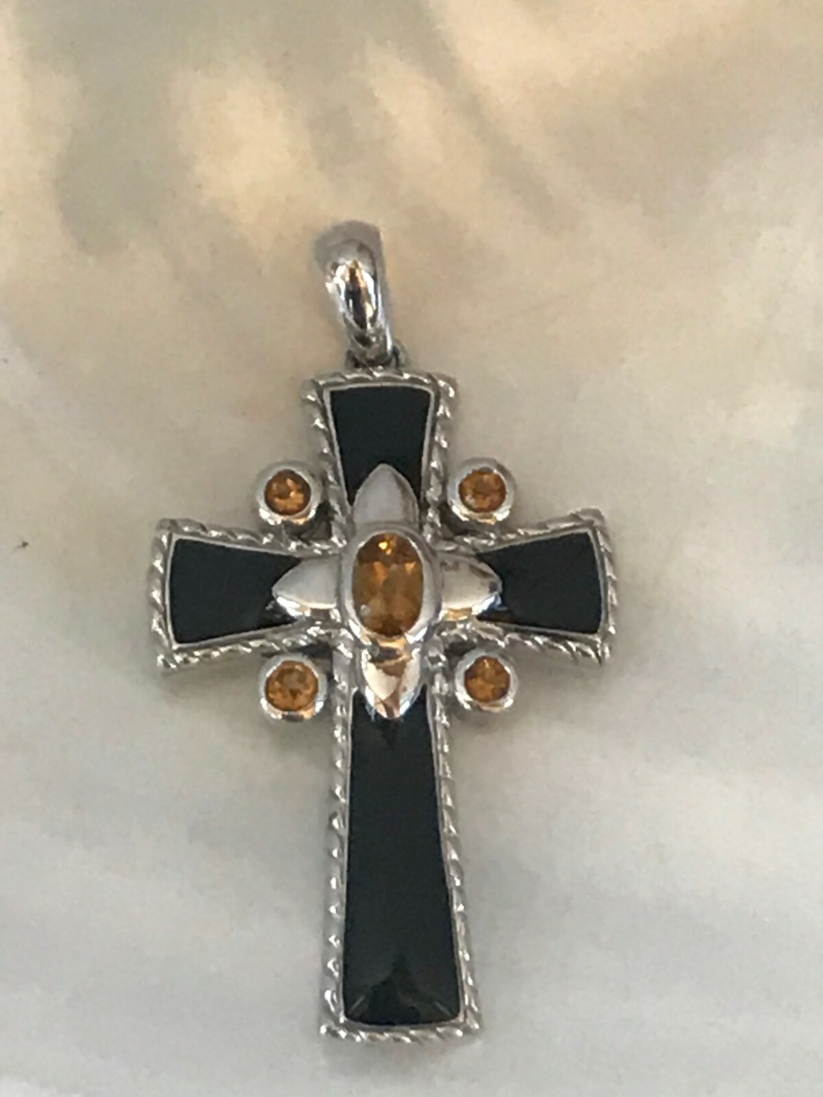 Estate Black Enamel & Signed 925 Thailand Silver CROSS w Yellow Stone ...