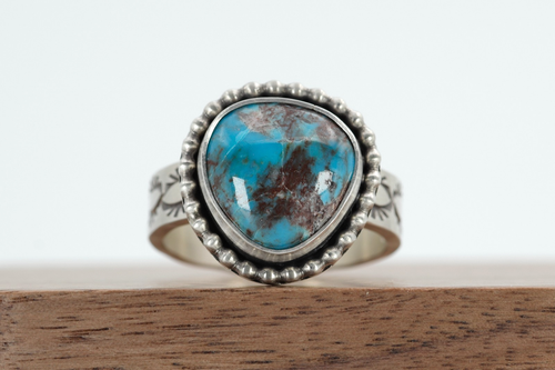 Smokey Bisbee Turquoise Ring Sz 8.25 Lyle Tom Sterling Heavy Stamp Band ...