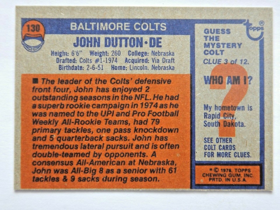 John Dutton #130 Topps 1976 Football Card (Baltimore Colts) G | eBay