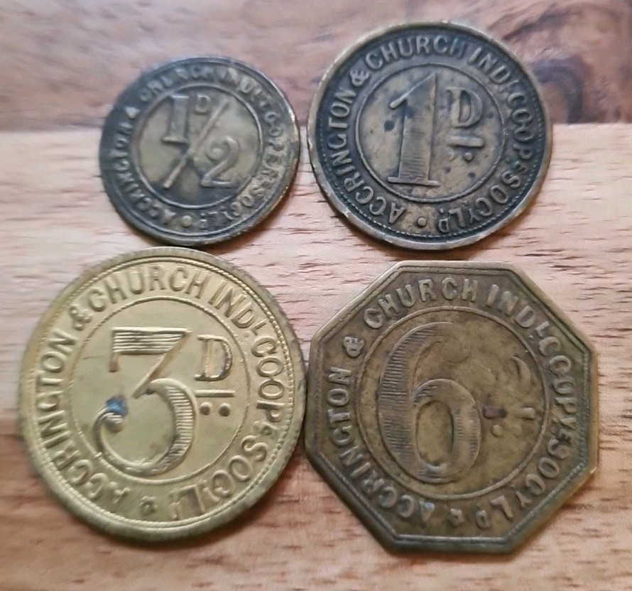 Accrington & Church Co Op Society ½D 1D 3D 6D 4 x Tokens Collectable 4 ...