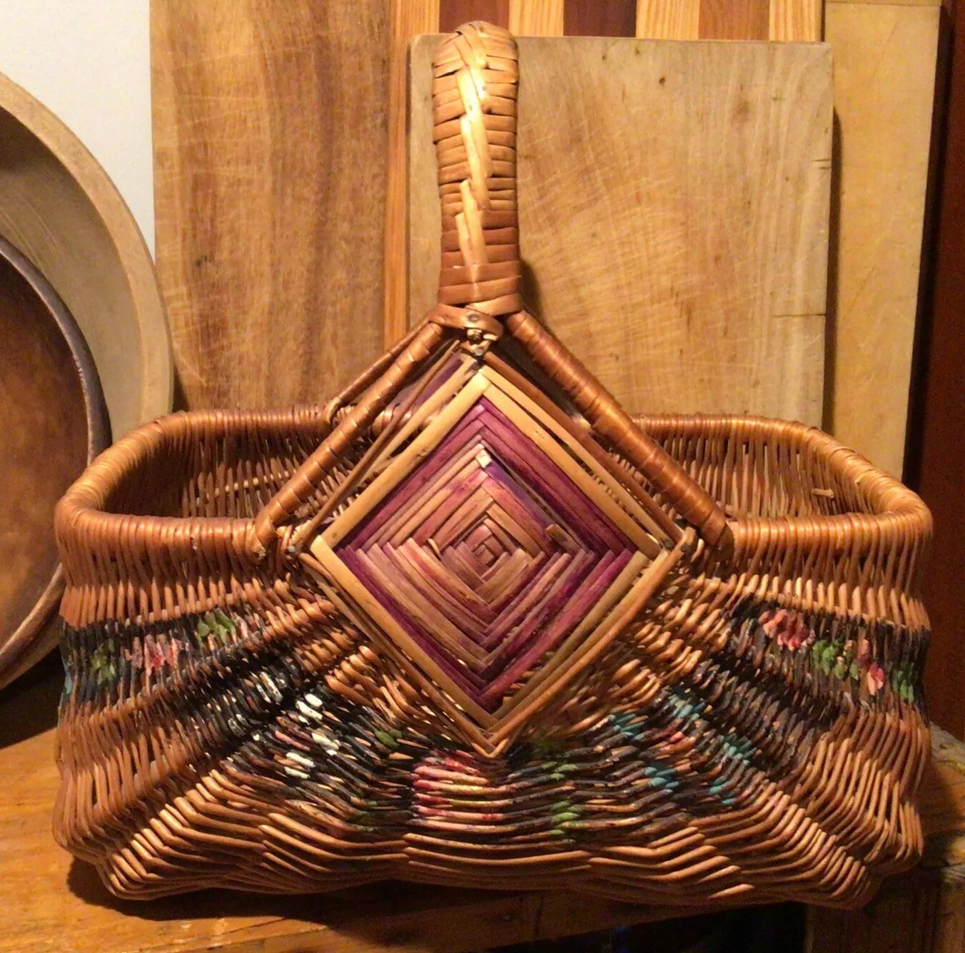 Vintage Folk Art Sally Patchin Style Hand Painted Wicker Gathering ...