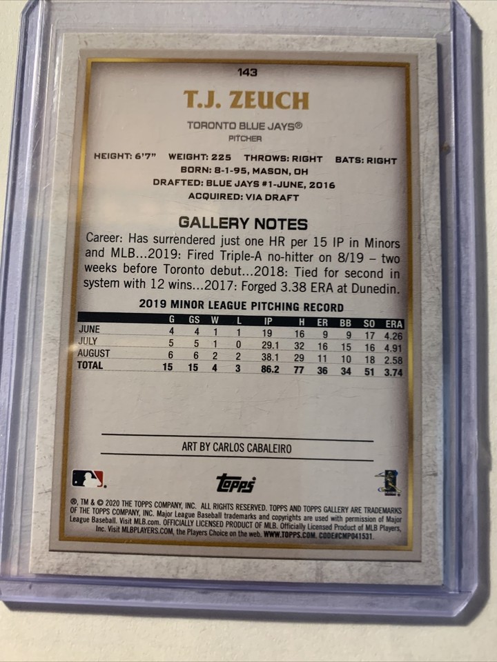 T. J. TJ ZEUCH 2020 TOPPS GALLERY #143 ROOKIE RC Toronto Blue Jays ...