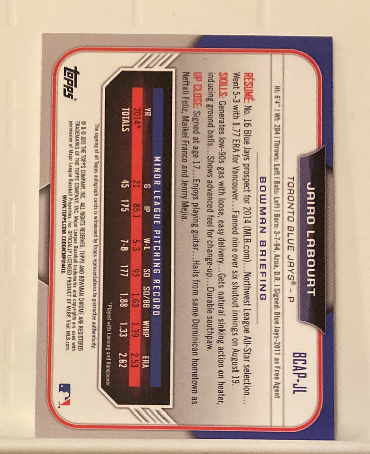 2015 Bowman Chrome Prospects Autographs #BCAP-JL Jairo Labourt AUTO | eBay