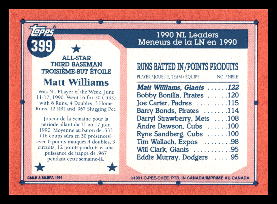1991 O-Pee-Chee Matt Williams All-Star #399 Centered Mint OPC | eBay