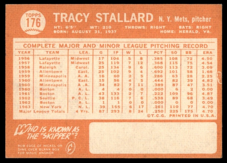 1964 Topps Tracy Stallard New York Mets #176 VG/EX-EX | eBay