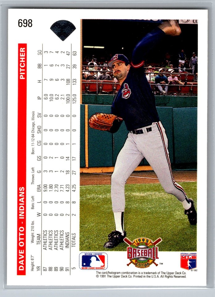 1992 Upper Deck Baseball #698 Dave Otto Cleveland Indians | eBay